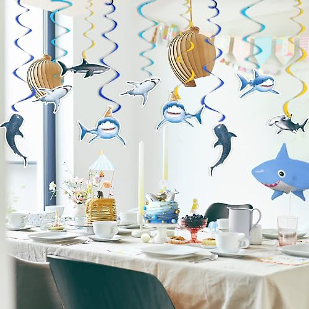 WERNNSAI Shark Party Hanging Swirls – 24 PCS Shark Party Supplies Birthday Decorations for Boys Ocean Shark Themed Party Baby Shower Ceiling Decor
