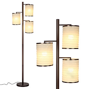 Brightech Liam Floor Lamp, Great Living Room Décor, Tall Tree Lamp for Offices, Asian Lantern Shade Lamp for Living Rooms, Standing Lamp with 3 LED Light Bulbs for Bedroom Reading - Bronze