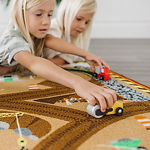 Melissa & Doug Round the Construction Zone Work Site Activity Play Rug With 3 Wooden Trucks (39" x 36")