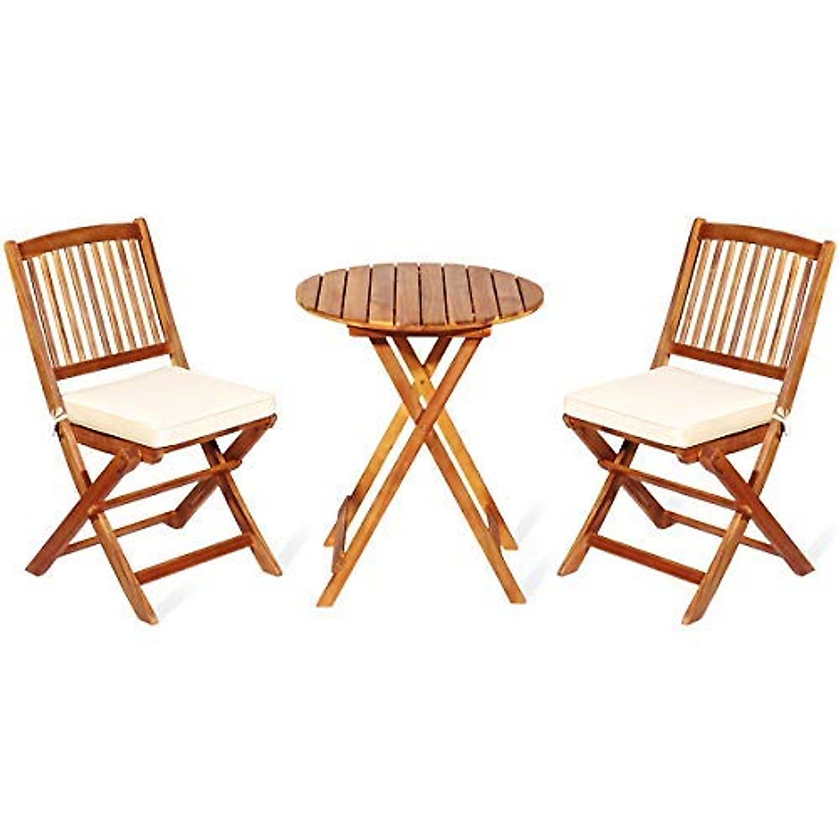 Giantex 3Pcs Patio Bistro Set, Wood Folding Table Set, 2 Cushioned Chairs for Garden Yard, Outdoor Furniture Round Table (Natural & Beige)