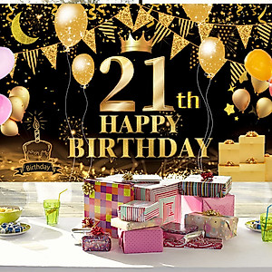 Happy 21th Birthday Backdrop Banner Black Gold 21th Sign Poster 21 Birthday Party Supplies for Anniversary Photo Booth Photography Background Birthday Party Decorations, 72.8 x 43.3 Inch