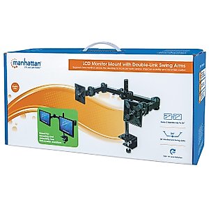 Manhattan Dual Monitor Stand Mount with Double-Link Swing Arms - Supports Two 13 in to 24 Inch Computer Screens up to 13 lbs., 180 Tilt / 180 Rotation, Clamp Mounting, Black - 420808