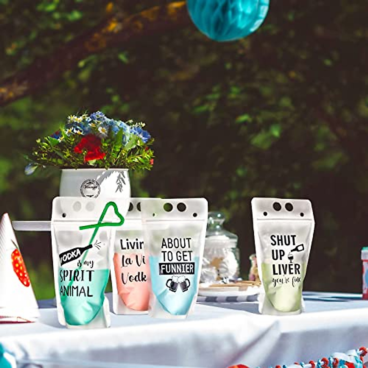 Drink Pouches with Straws Plastic Drink Bags with Zipper Party Beverage Bags Juice Pouches for Adults and Teens (36 Sets,9 Styles)