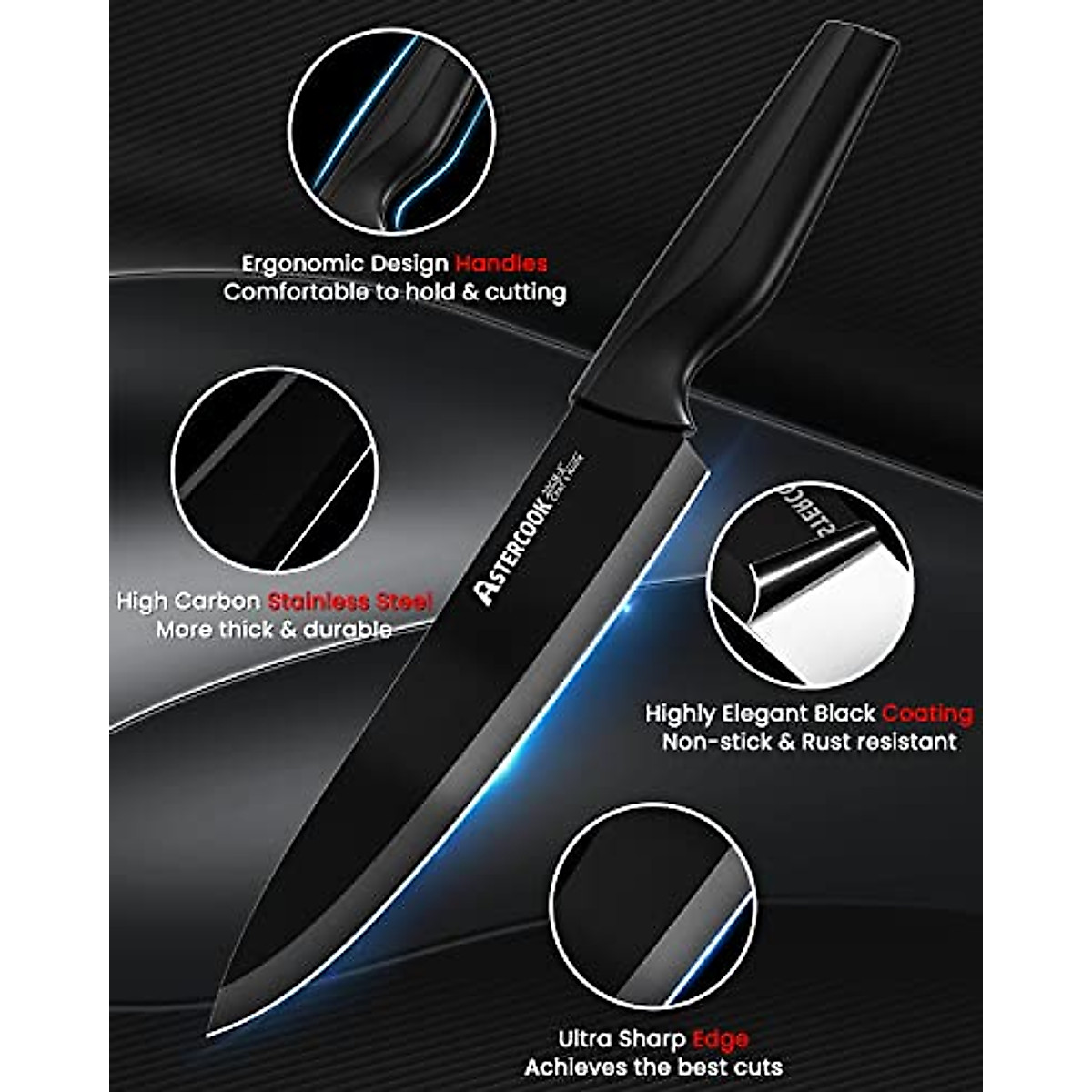 Astercook Knife Set, Kitchen Knife Set with Built-in Sharpener Block, Dishwasher Safe, 15 Pieces German Stainless Steel Knife Block Set, Black