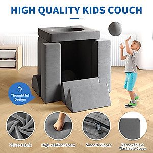 Kids Couch, 12PCS Toddler Couch with 2 Balls and Tunnel, Modular Kids Couch for Playroom, Kids Play Couch for Kickball Game, 30+ Creative Gameplay Couch for Kids (Darkgray)