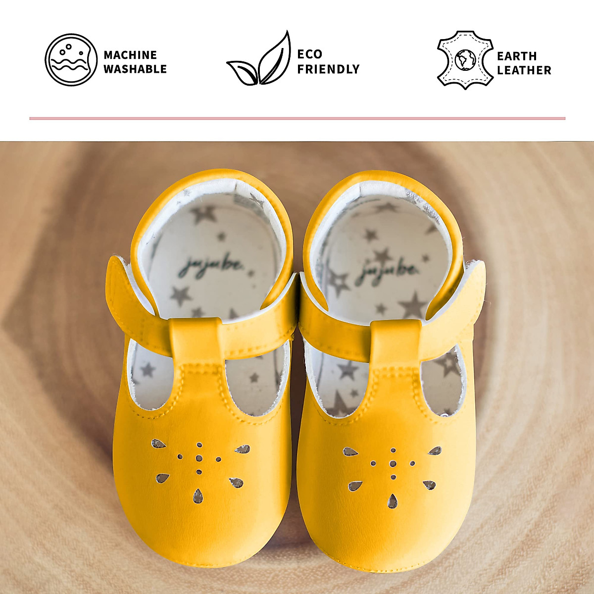 JuJuBe Mary Jane Baby Girl Shoes, Machine Washable Vegan Leather Baby Shoes, Dress Girls Shoe with Soft Soles, Hook and Loop Strap, Non Slip Toddler Flats for Walking, Sunflower Yellow - 9-12 Months
