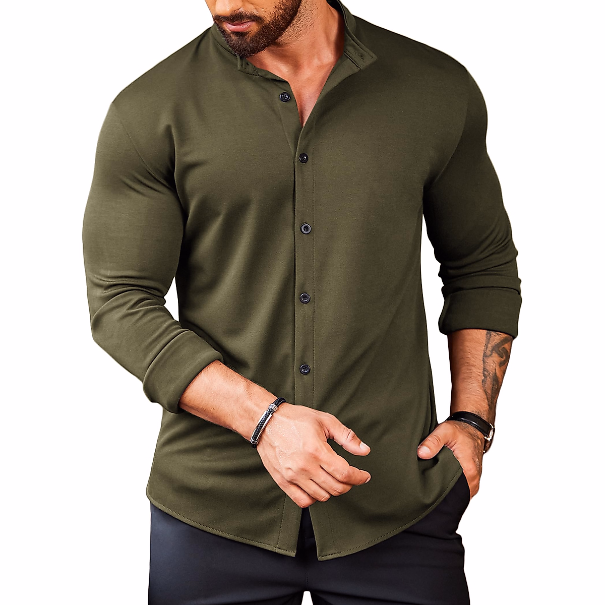 COOFANDY Mens Collarless Dress Shirts Muscle Fit Wrinkle Free Button Down Shirts Army Green