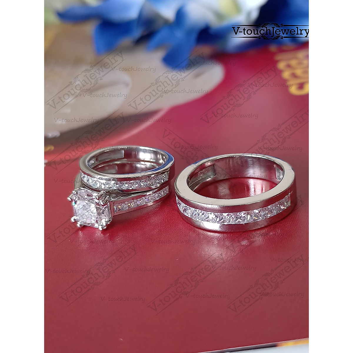 V Touch 14K White Gold Plated 925 Sterling Sliver 3 Piece Wedding His Engagement & Her Band Rings Sets Cushion & Princess Cut Created Diamond for Couple Mens and Women Trio Ring Set