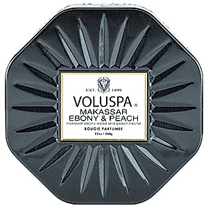Voluspa Makassar Ebony & Peach Candle | 3 Wick Tin | All Natural Wicks and Coconut Wax for Clean Burning | 12 Oz.
