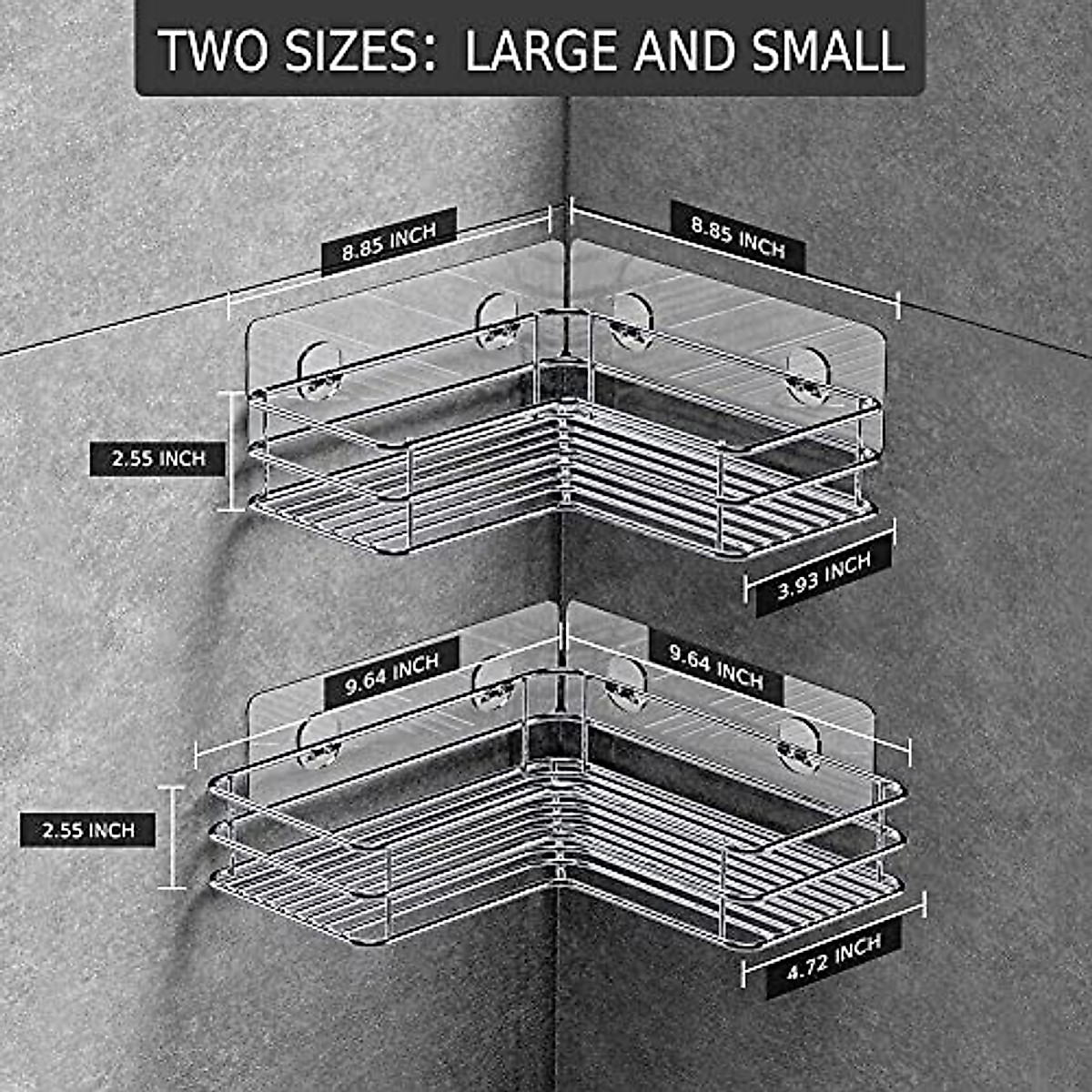 Nieifi Adhesive Corner Shower Caddy Shelf Basket Rack with Hooks, Rust Proof Stainless Steel Bathroom Shelf Shampoo Holder No Drilling 2 Pack