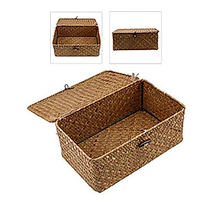 Hemoton Ottoman Tray Seagrass Storage Baskets with Lid Seaweed Woven Storage Box Laundry Hampers Desktop Sundry Organizer for Clothes Washing Sorting Picnic Size Baby Toy Storage Organizer