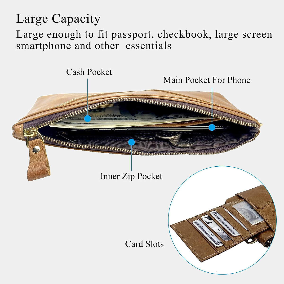 IVESIGN RFID Blocking Leather Wallet for Women, Genuine Leather Slim Wristlet Clutch with Phone Holder, Credit Card Organizer, Coin Purse & Removable Strap – Brown