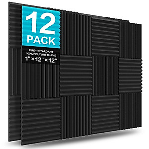 JBER 12 Pack Acoustic Foam Panels, 1" X 12" X 12" Studio Soundproofing Wedges Fire Resistant Sound Proof Padding Acoustic Treatment Foam (Black)
