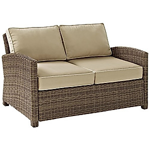Crosley Furniture Bradenton 4-Piece Outdoor Loveseat Patio Furniture Set, Wicker Conversation Sets for Porch, Brown with Sand Cushions