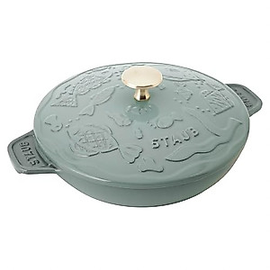 [STAUB x minä perhonen] staub hotplate ocean round 7.9 inches (20 cm) eucalyptus brass knob specification mina perhonen both hands cast enamel shallow type induction compatible [Japan official sale]