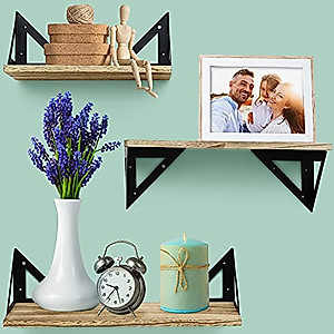 Greenco Wall Mounted Floating Shelves, Set of 3 Decorative Rustic Selves with Triangle Metal Brackets