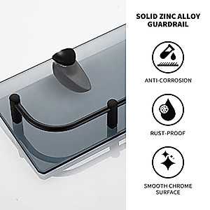 VASUHOME 2 Tier Bathroom Glass Shelves, Tempered Glass Bathroom Wall Organizer with Black Guardrail, and 2 Metal Hooks - Wall Mounted Rectangular Shelves for Storage and Display