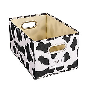 ANMINY Fabric Storage Bin Cow Print Cotton Linen Foldable Open Storage Basket Box with Handles PP Plastic Board Label Window Decorative Washable Desktop Closet Shelf Organizer Container - Medium