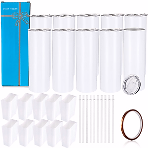 YOUKE OLA 10 Pack Sublimation Tumblers Bulk Straight Skinny Tumbler Blanks 20oz for Heat Transfer, Individual Gift Boxed, Double Wall Insulated Tumbler with Shrink Wrap Films & Heat Tape & Straws