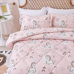 JSD Pink Unicorn Kids Comforter Set for Girls, 2 Pieces Twin Microfiber Comforter with Pillow Sham, Soft Comfortable Machine Washable