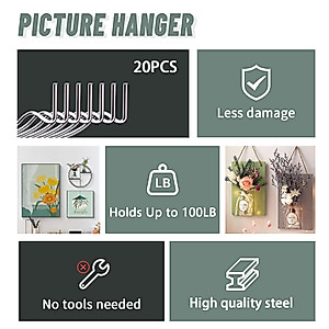 FURHUA 20pcs Super Hook Picture Hangers and Office Pack, Drywall Hooks for Hanging Pictures, Wall Hooks, Picture Hangers, Picture Hanging Kit，Hang Art, Clock, Shelves, Mirrors...