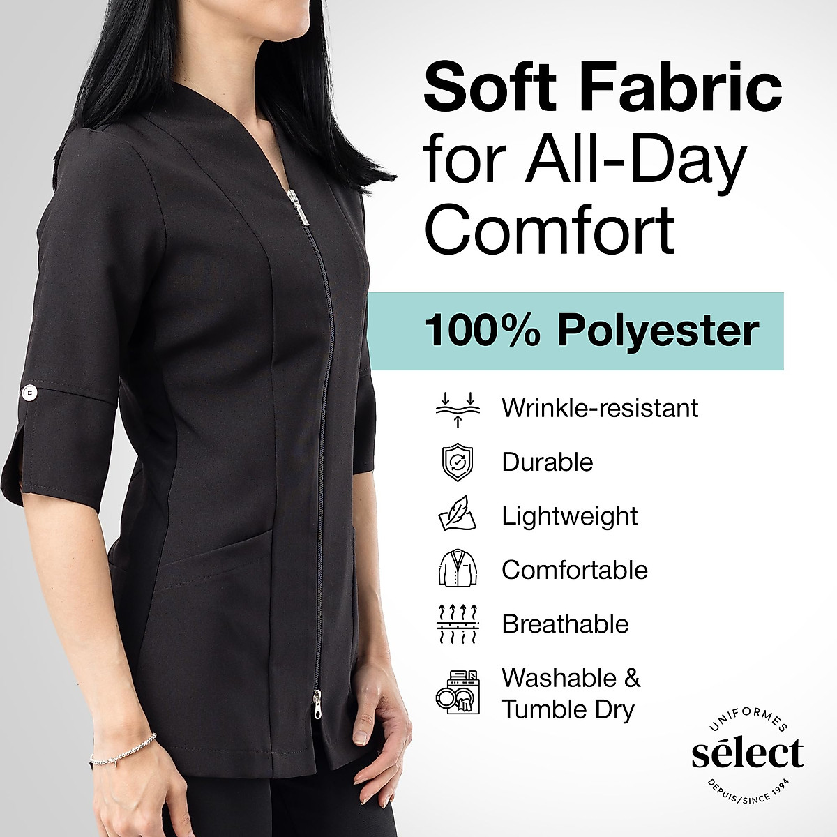 Lab Coat Srubs for Women – Uniform for Spa, Esthetician, Dental - Swan Collar (XL, Black)