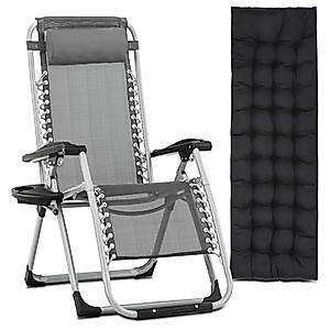 MoNiBloom Beach Chaise Lounge Chair, Patio Folding Recliner with Removable Cushion, Headrest & Tray, Portable Tanning Sunbathing Chair for Poolside Beach Porch Yard, Reinforced Bar, 330lbs Grey