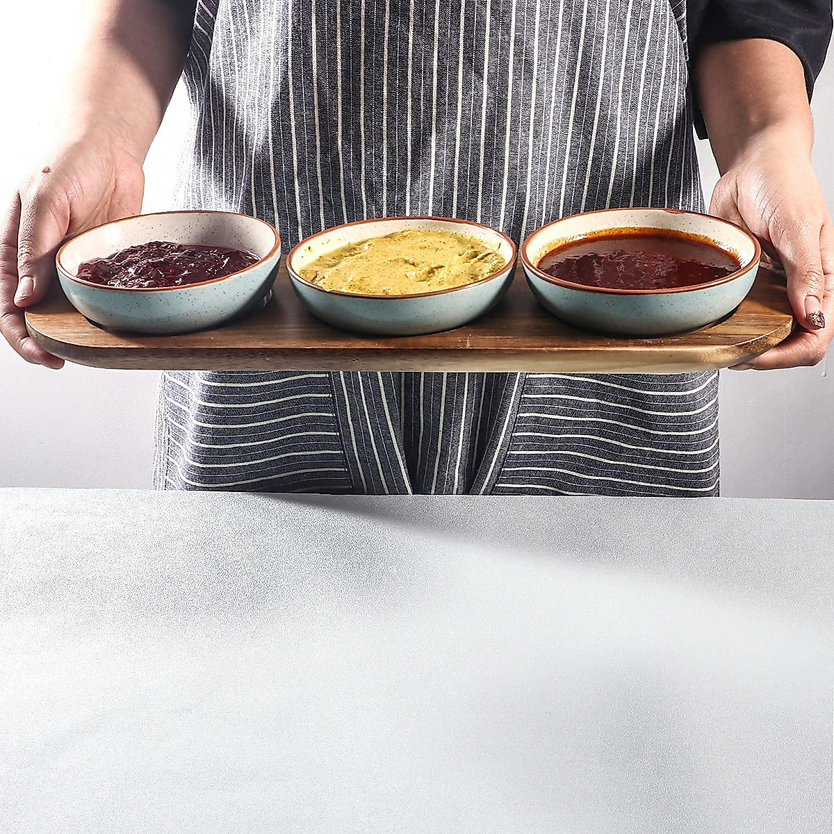 Artena 6oz Turquoise Solid Ceramic Chips and Dip Serving Platter with Acacia Wooden Tray & Bright White 6.75 inch Asian Soup Spoons Set of 6