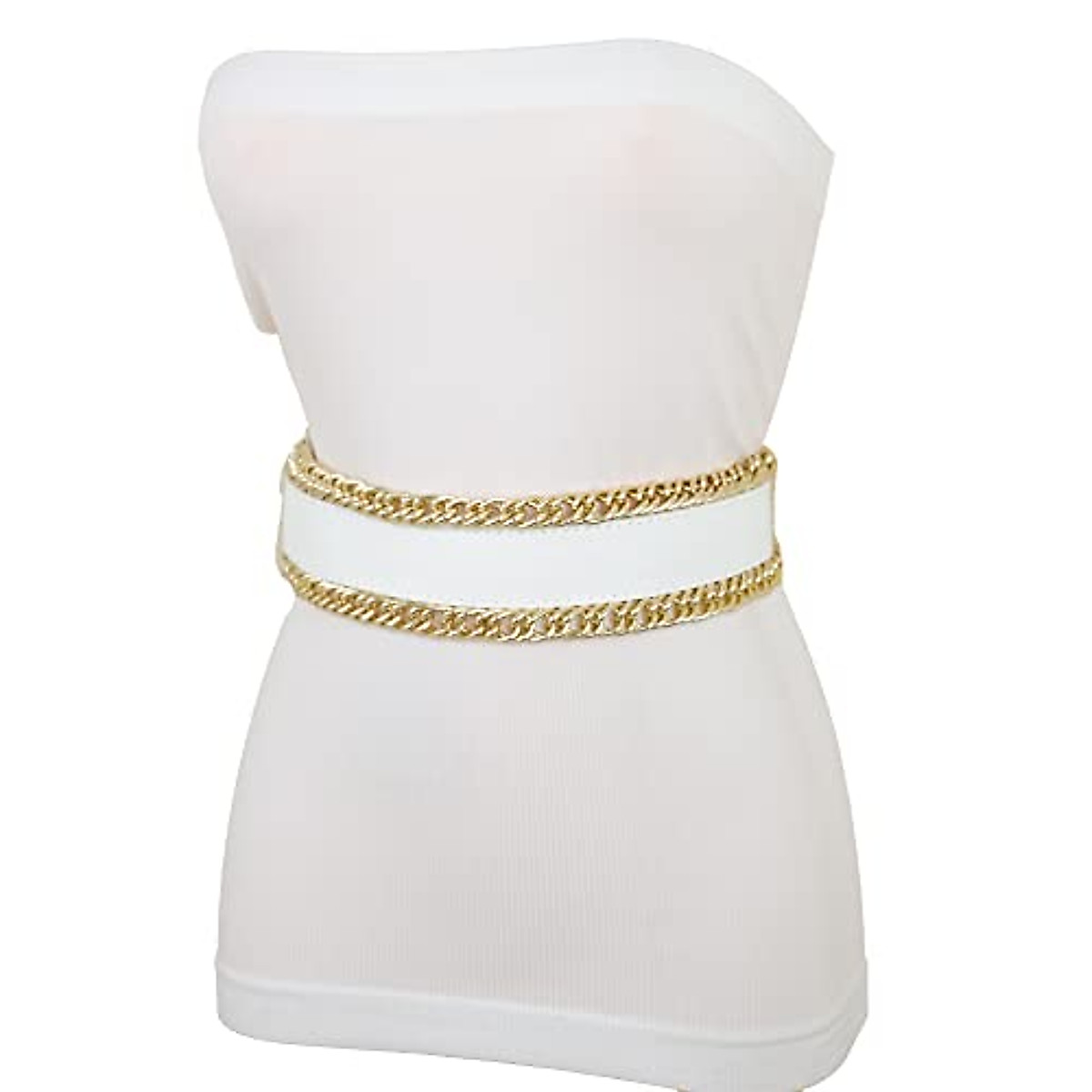 Women White Wide Fashion Belt - Elastic Waistband Gold Metal Chain Links Size S, Silver, One Size
