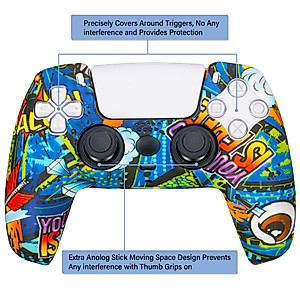 YoRHa Water Transfer Printing Silicone Thickened Cover Skin Case for PS5 Controller x 1(Blue Graffiti) with Thumb Grips x 10