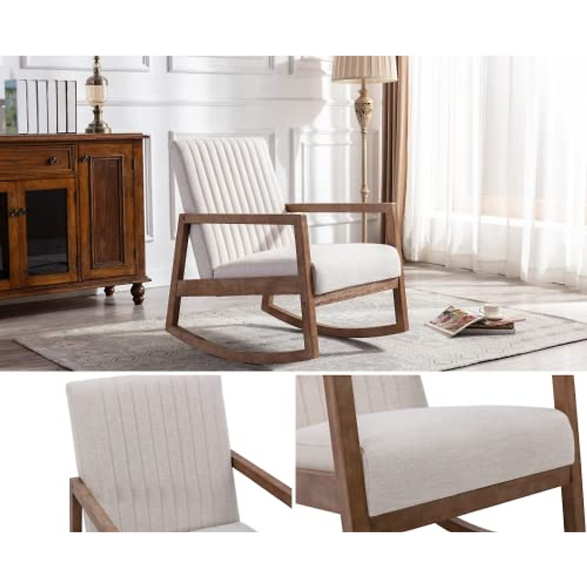 CIMOO Rocking Armchair for Nursery Mid Century Modern Recliner Accent Chair Comfy Lounge Arm Chair for Bedroom/Living Room, Linen Beige, rocking chair-linen