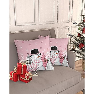 Fantasy Staring Snowman Throw Pillow Covers 18" x 18" Pink Christmas Snowflake Xmas Tree Winter Soft Short Plush Pillow Case for Couch/Sofa/Bedroom/Car