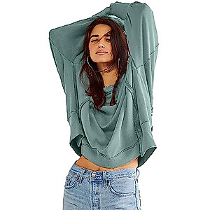 Beaully Women’s Oversized Contrast Patchwork Sweatshirt Casual Side Split High Low Hem Boyfriend Pullover Tops Streetwear 6088 Grey Blue Medium