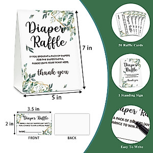 Gihyan Diaper Raffle Baby Shower Game Set(1 Standing Sign + 50 Guessing Cards), Greenery Diaper Raffle Tickets for Baby Shower, Gold Foil Baby Shower Party Favor Decor - A04