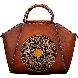 Genuine Leather Handbags for Women, Organizer Top Handle Satchel Vintage Embossing Totem Shoulder Bag Medium