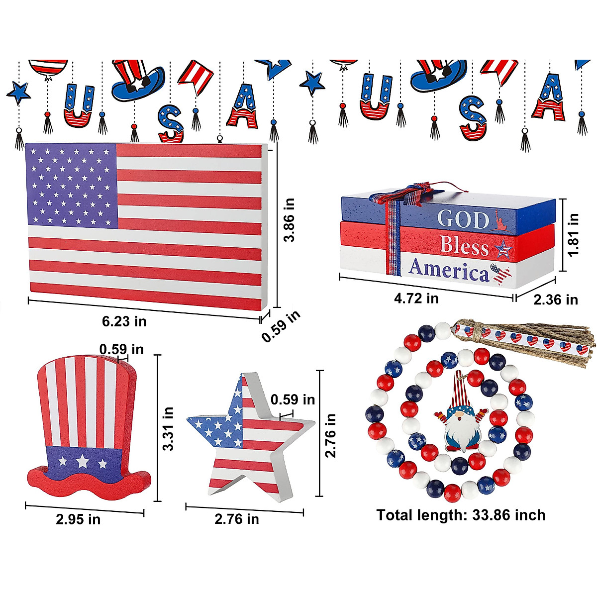 5Pcs 4th of July Tiered Tray Decor Patriotic Wood Signs American Flag Stars and Stripe Wood Blocks Red White Blue Wooden Bead Garland for 4th of July Memorial Day Home Table Decor