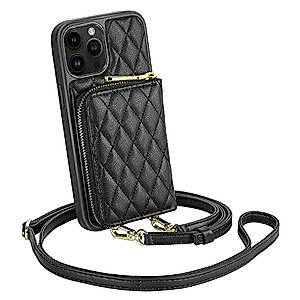 LAMEEKU iPhone 14 Pro Wallet Case, Quilted Leather Crossbody Purse with RFID Card Holder, Shockproof - 6.1 Inch, Black