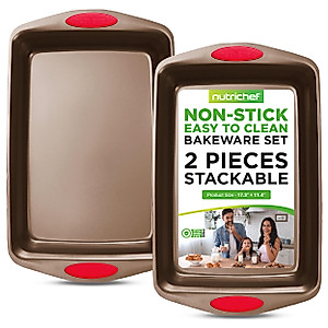 NutriChef 2-Piece Baking Pan Set - PFOA, PFOS, PTFE Free Flexible Nonstick Golden Coating Carbon Steel Bakeware - Professional Home Kitchen Bake Cookie Sheet Stackable Tray w/Red Silicone Handles