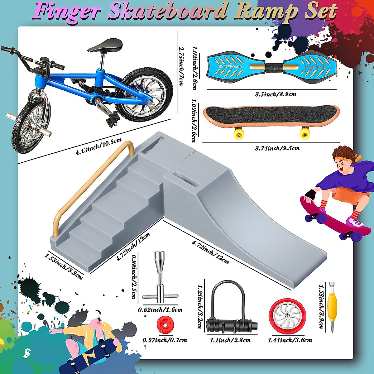 17 Pieces Finger Skateboard Ramp Set Skate Park Kit Ramp Parts Set Mini Finger Toys Set Finger Bike Skate Park Kit with Replacement Wheels and Tools for Kids Party Favor (Retro Color)