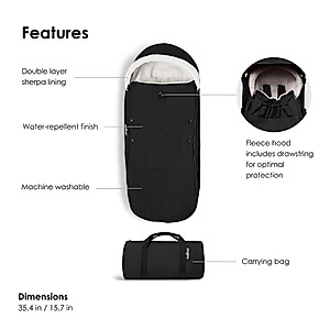 BABYZEN YOYO Footmuff, Black - Sherpa Lining & Fleece Hood with Drawstring to Keep Baby Warm - Includes Carrying Bag - Machine Washable