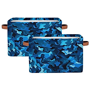 GzLeyigou Camo Texture Large Collapsible Storage Bins ,Blue Camouflage Decorative Canvas Fabric Storage Boxes Organizer with Handles,Rectangular Baskets Bin for Home Shelves Closet Nursery Gifts