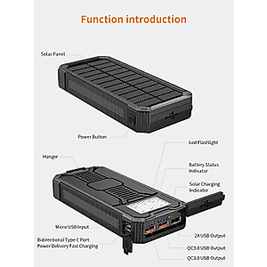 Abnoys Power-Bank-Solar-Charger - 30000mAh Solar Power Bank, PD 20W Fast Charger,Drop-Proof Waterproof Dustproof Built-in LED Flashlight for iPhone, Tablet, Samsung and More USB Device (Black)