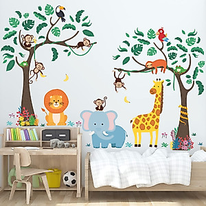 DECOWALL SG-2112 Jungle Animal Tree Wall Decals Elephant Monkey Giraffe Lion Forest Wall Stickers for Kids Baby Nursery Bedroom Playroom Living Room Decor DIY Art