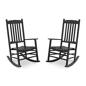 Outvita Outdoor Rocking Chair Set of 2, Solid Wood High Back Rocker, All Weather Lounge Chair for Porch Patio Fire Pit Garden Backyard Deck Indoor, Wave Shape, Black