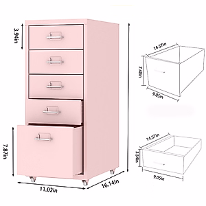 MIOCASA 5 Drawer Metal File Cabinet Mobile Underdesk Chest for Home Office (Pink)