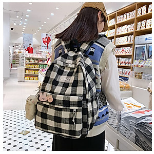 MININAI Plaid Backpack with Kawaii Pins and Pendant Cute Korean Preppy Aesthetic Book Bag Casual Daypack Fit 15.6 Inch Laptop (One Size,Black)