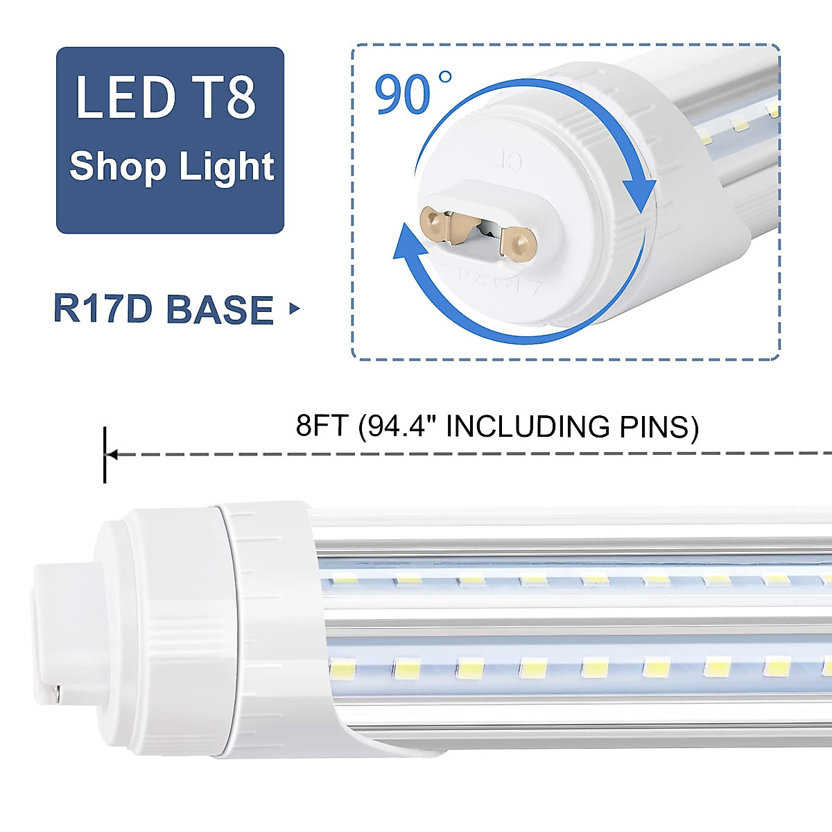 R17D LED Bulb Light 8FT, 90W T8 LED Tubes, 10000LM, Clean Cover, HO Rotatable End 8FEET 2 Pin Shop Light, 6000K, T8 T10 T12 Fluorescent Light Replacement, Ballast Bypass,Dual-End Powered (6-Pack)