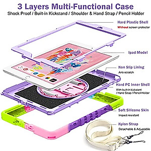 Hocase for iPad 9th/8th/7th Generation Case 10.2", with Pencil Holder/360 Rotation Stand/Hand Strap, Heavy Duty Shockproof Rugged Soft Silicone Hard Protective Case for Kids, Girls & Women - Rainbow