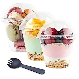TOFLEN 50Sets 9 oz Clear Plastic Parfait Cups with Dome Lids (No Hole) and Sporks Disposable Party Serving Cups for Desserts, Yogurt Parfait, Fruit, Ice Cream, No Leaking To-Go Breakfast Snack Cups