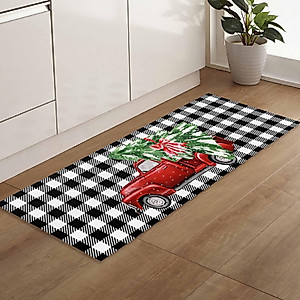 Christmas Kitchen Rugs and Mats 2 PCS Red Truck Xmas Tree Black White Buffalo Check Kitchen Mats for Floor, Farmhouse Non-Slip Rugs with Runner for Kitchen,Office,Sink,Laundry 15.7"x23.6"+15.7"x47.2"